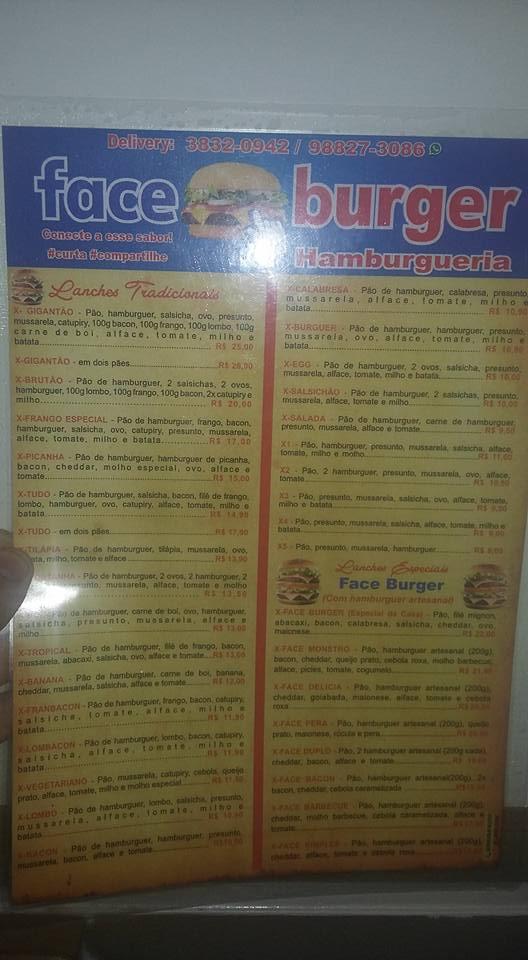 Menu at Face Burger Hamburgueria, Brazil