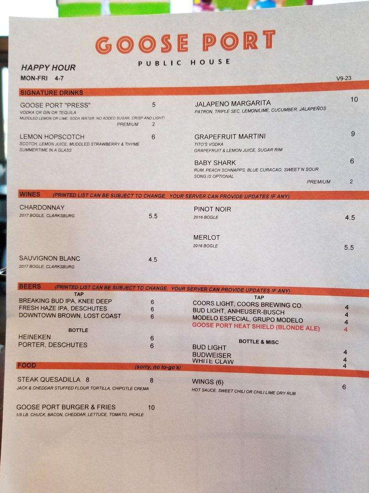 Carta de Goose Port Public House, Roseville