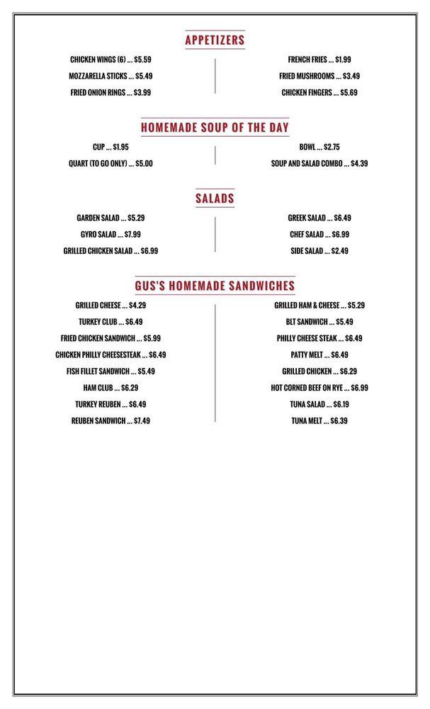 Menu at Gus's Diner One Eight Five restaurant, Cleveland