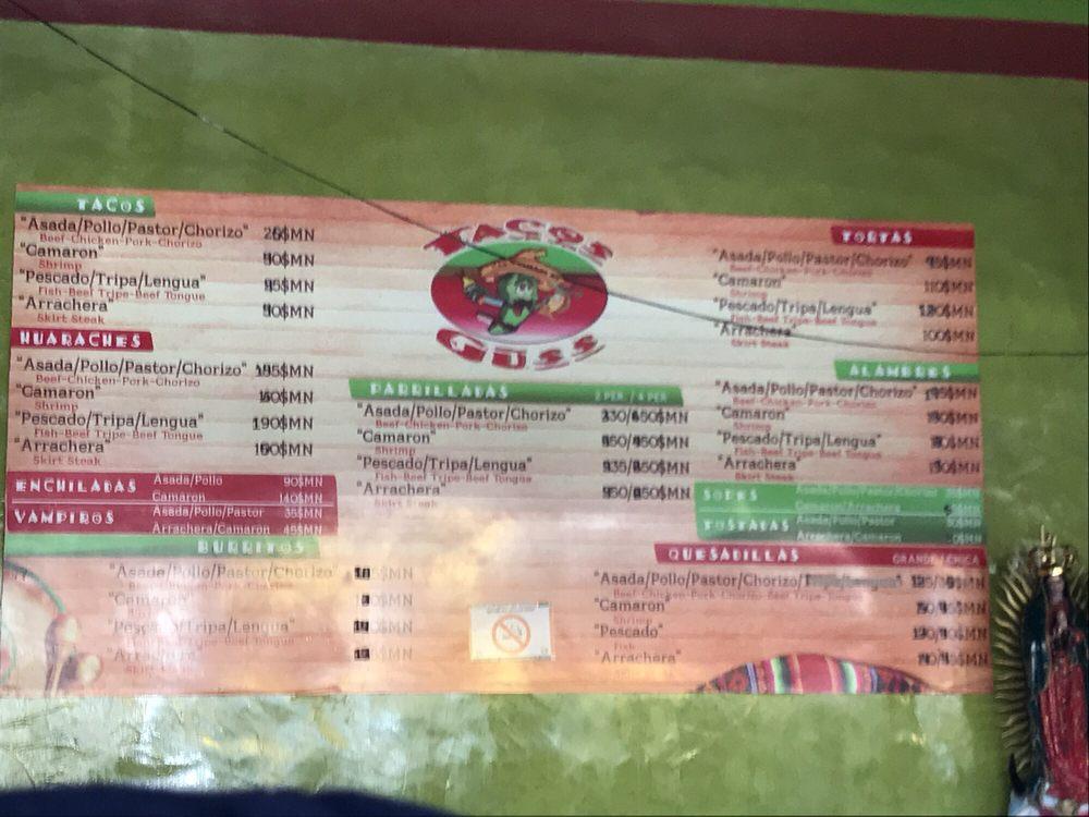 Menu at Guss Tacos restaurant, Cabo San Lucas, Blvd Lazaro Cardenas ...