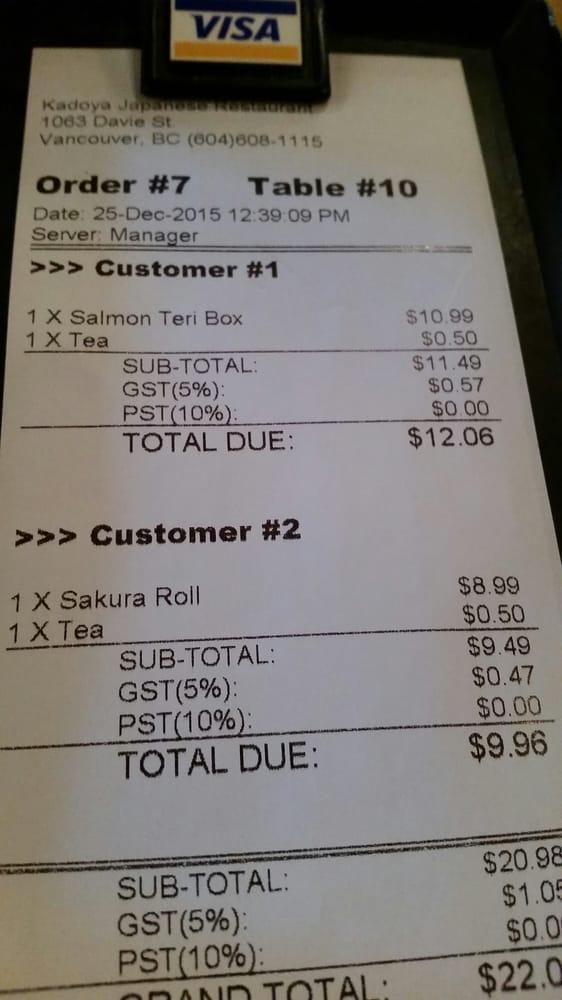 Menu at Kadoya Japanese Restaurant, Vancouver, Davie St