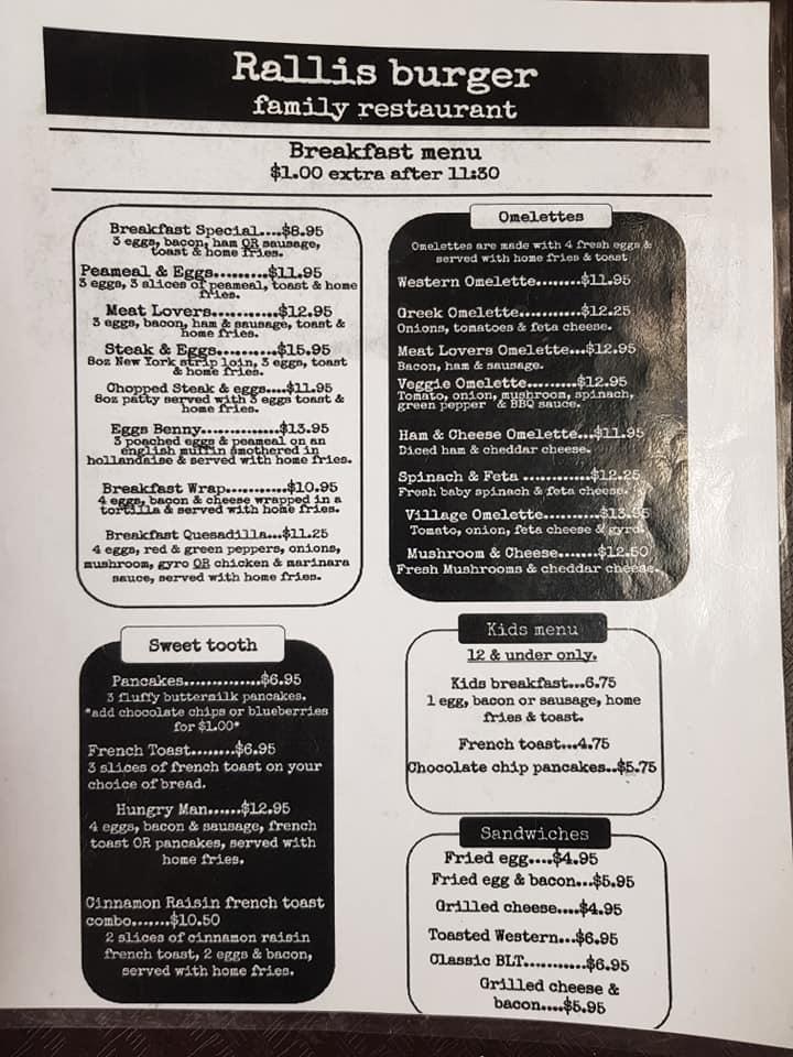 Menu at Rallis Burger Family Restaurant, Bridgenorth