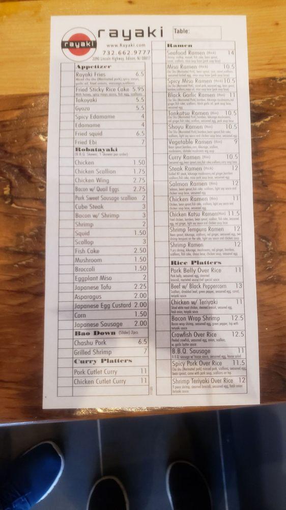 Menu at Rayaki Ramen Edison restaurant, Edison