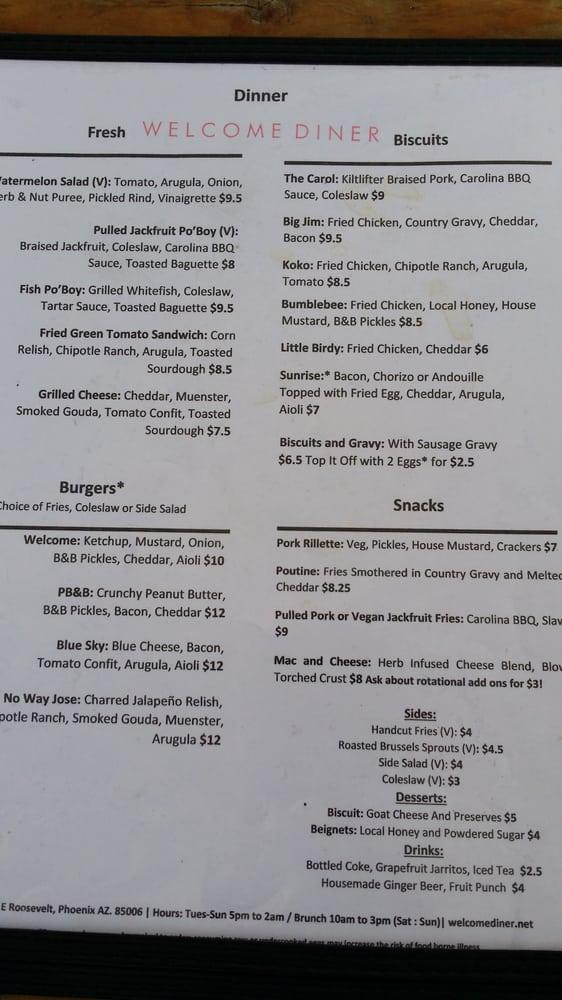 Menu at Welcome Diner restaurant, Phoenix, 929 E Pierce St