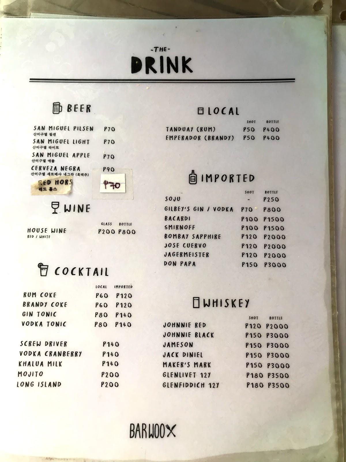 Menu at BARWOO, Panglao