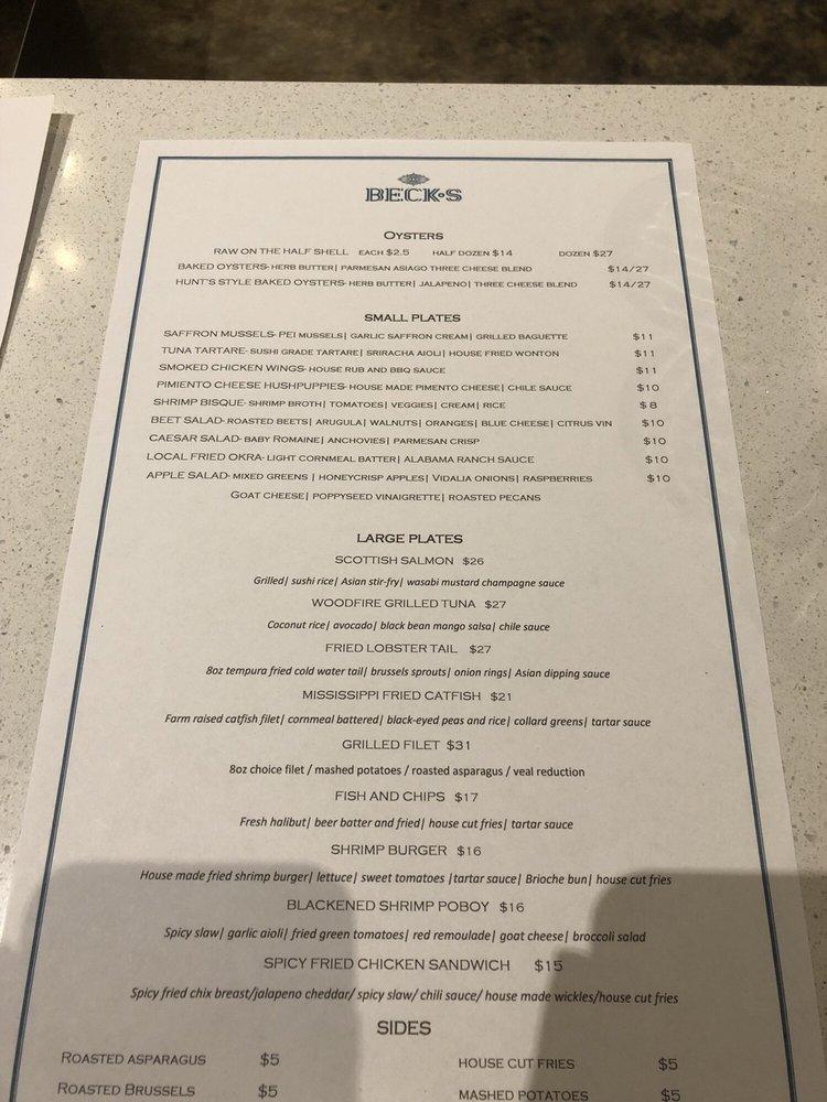 Menu at Beck's pub & bar, Augusta