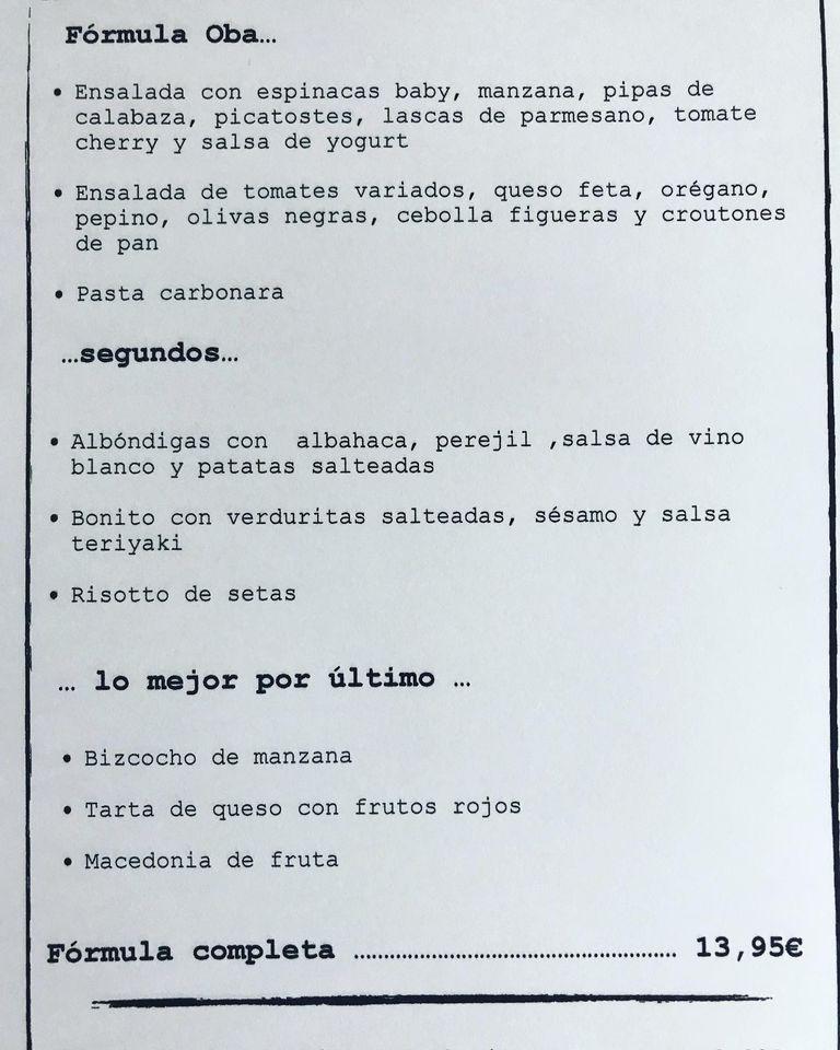Menu at Cafe' Restaurante Oba, Barcelona
