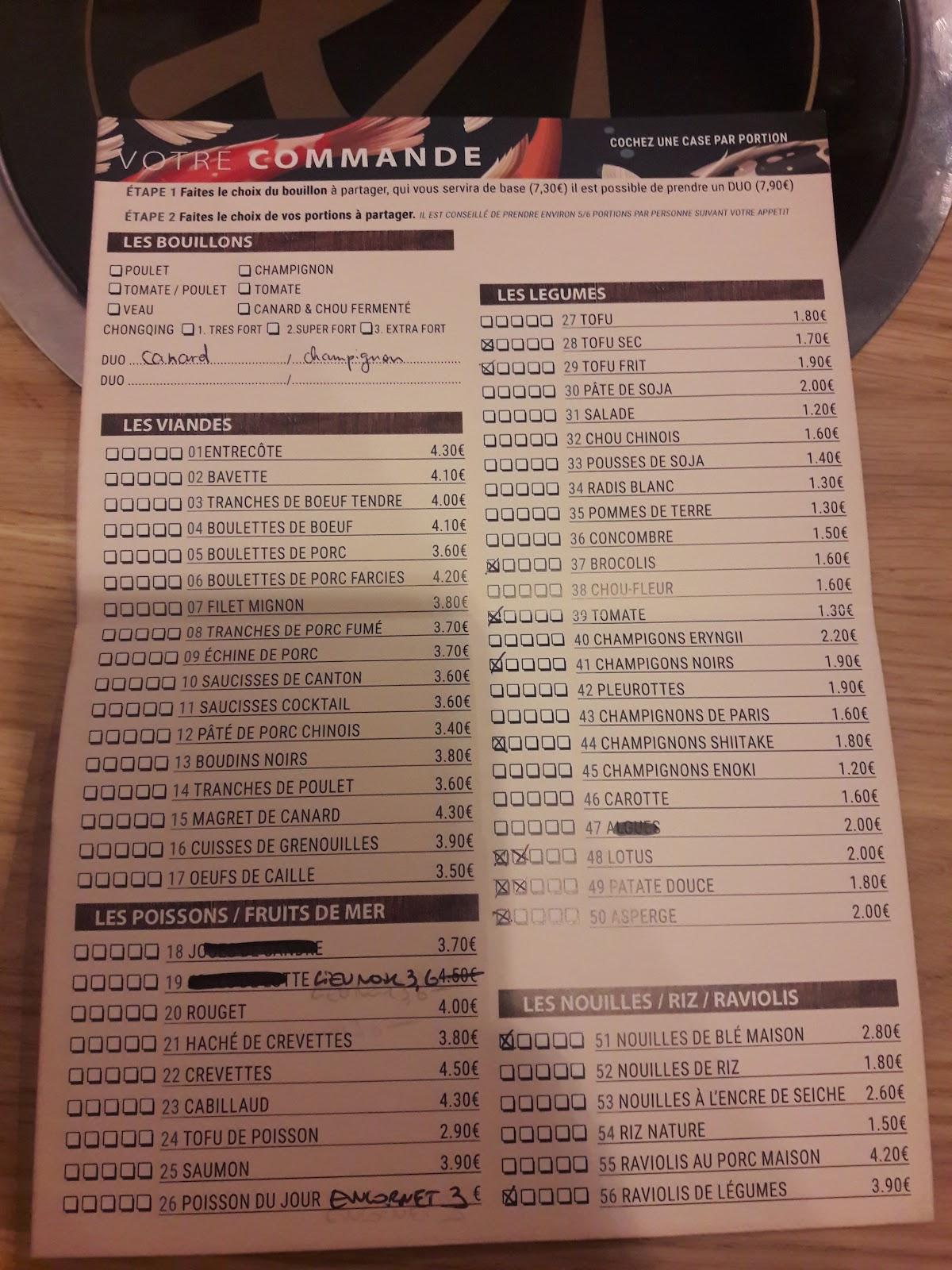 Menu au DAZUMA restaurant, Angers