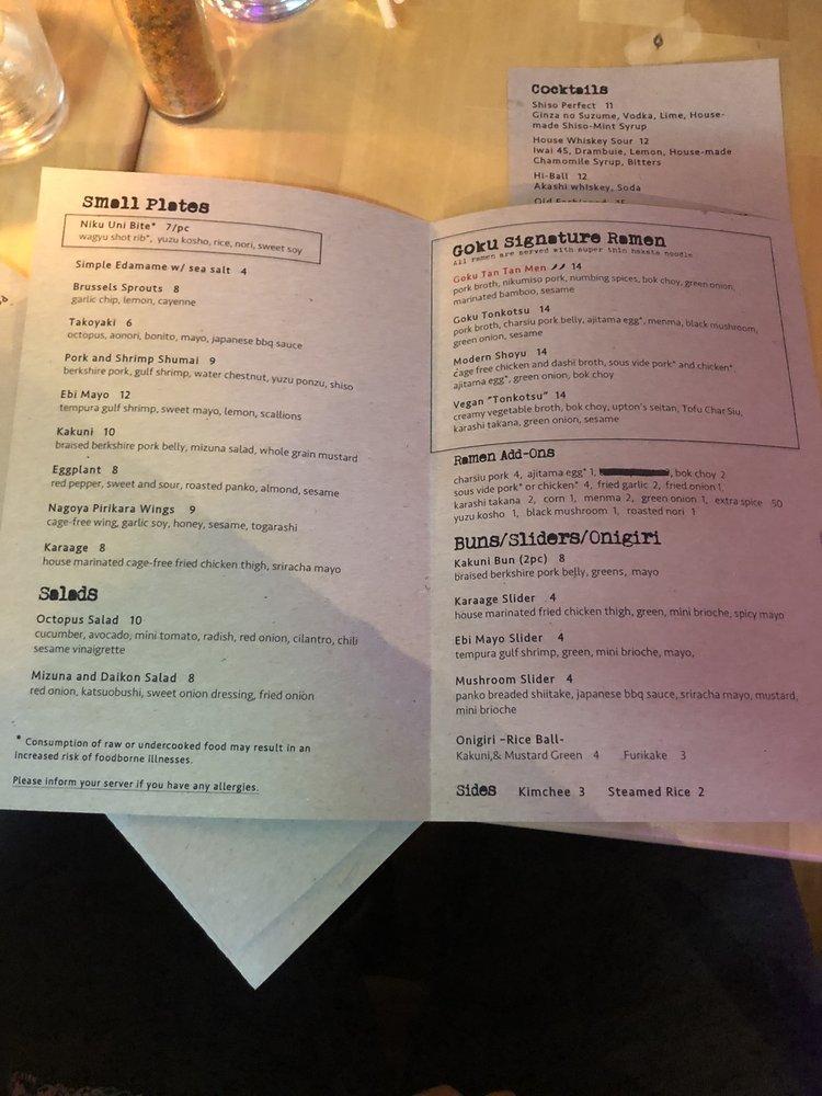 Menu at Menya Goku restaurant, Chicago