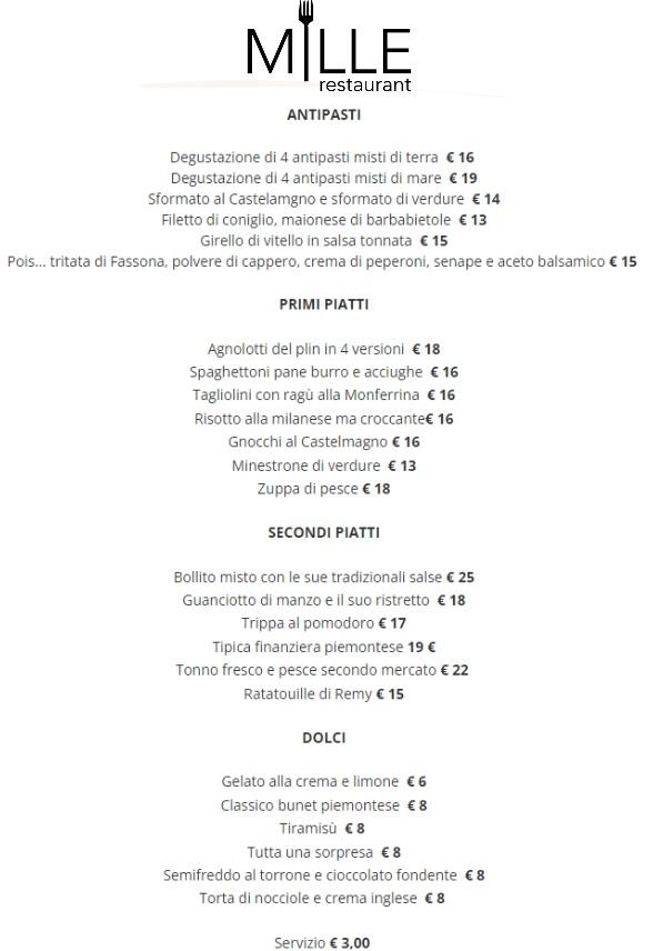 Menu at Mille Restaurant, Turin