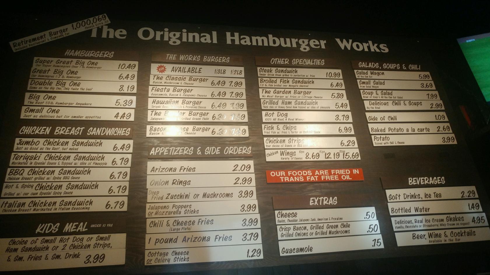 Carta del pub y bar Original Hamburger Works, Phoenix