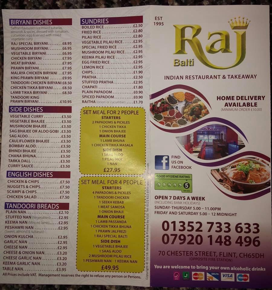 Menu at Raj Balti fast food, Flint