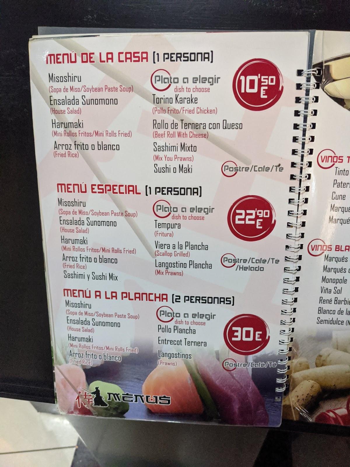Carta del restaurante Samurai, Sevilla