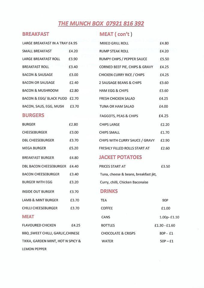 Menu at The Munch Box restaurant, Bridgend