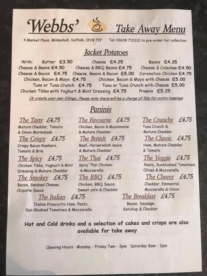 Menu at Webbs Sandwich Bar, Mildenhall