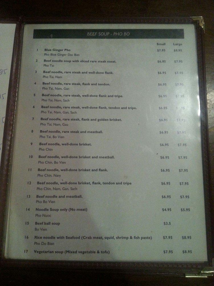 Menu at Blue Ginger Pho restaurant, Tehachapi