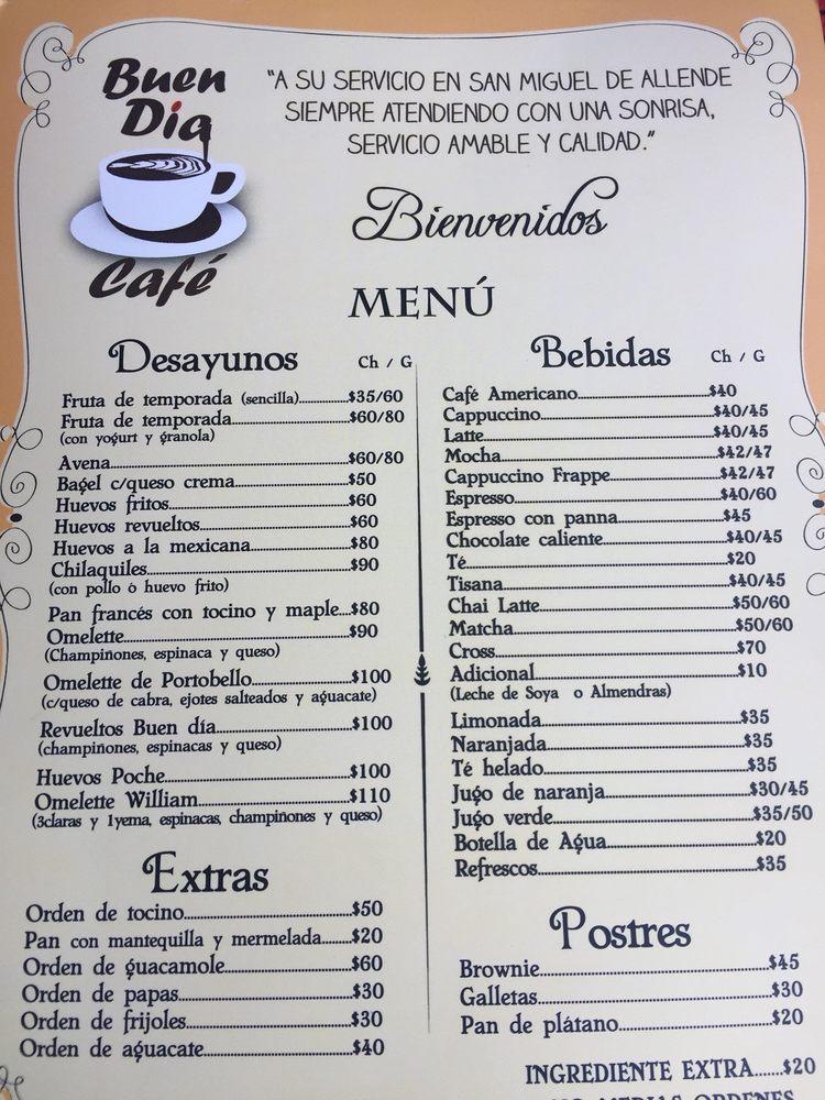 Menu at Cafe Buen Dia, San Miguel de Allende, Hidalgo 42