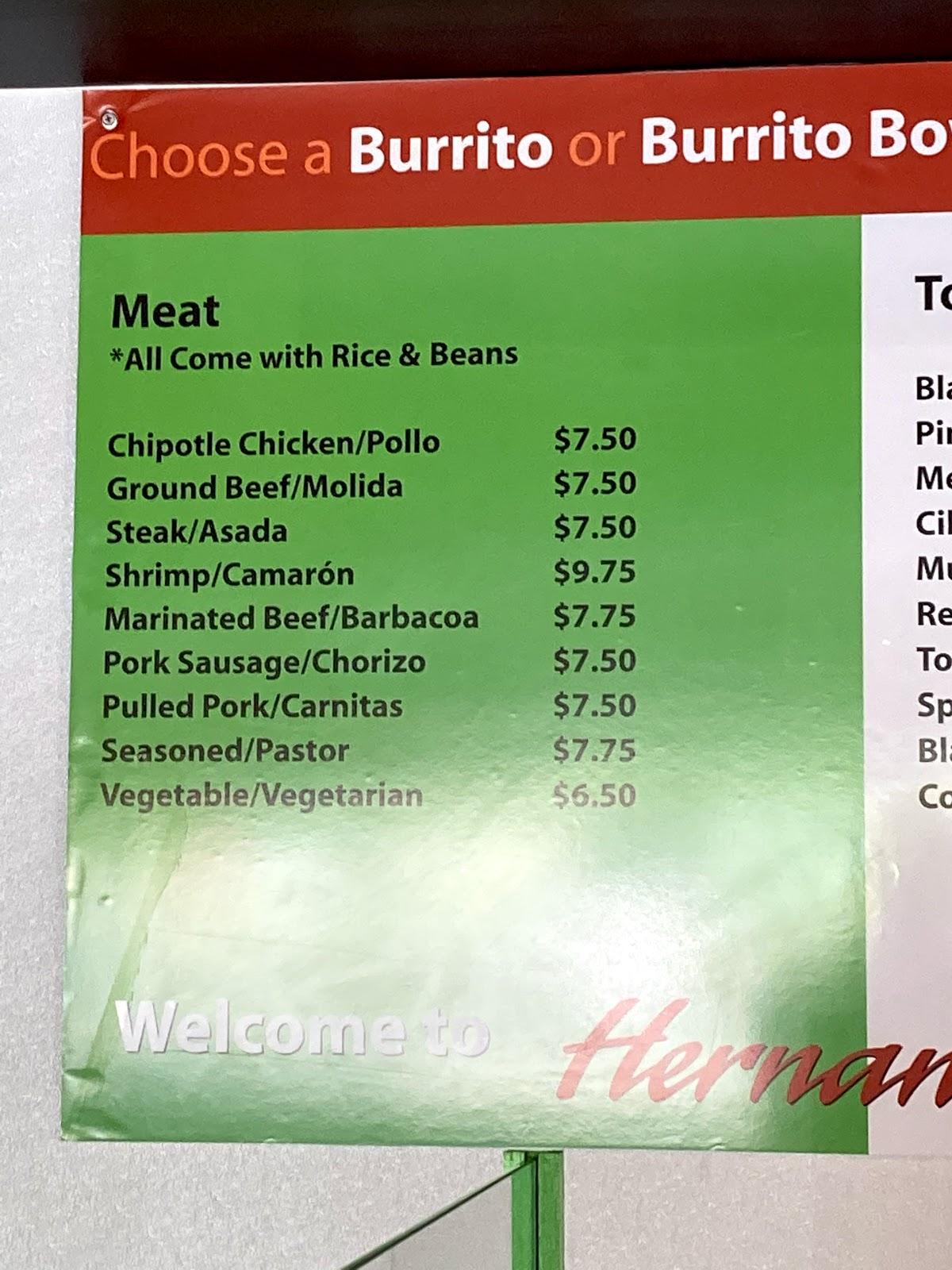 Menu at Hernandez Burrito restaurant, Sauk Rapids