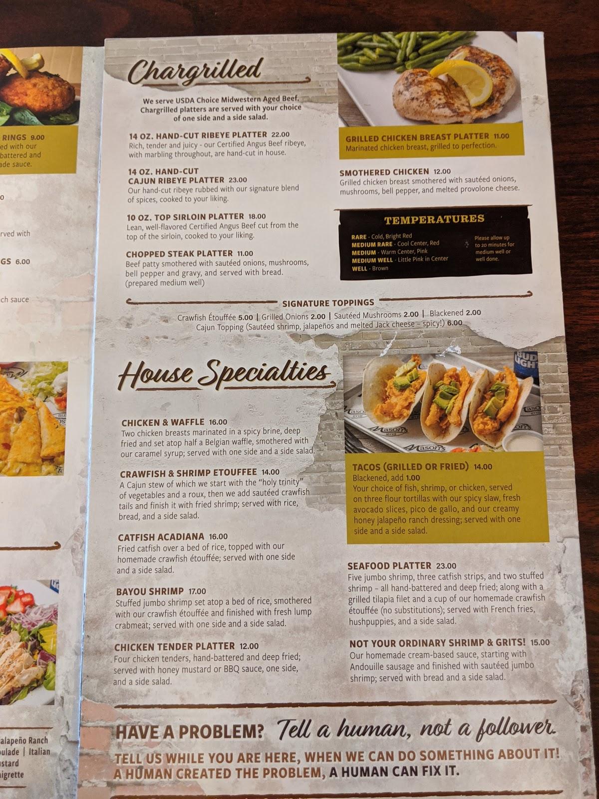 Menu at Mason's Grill restaurant, Baton Rouge