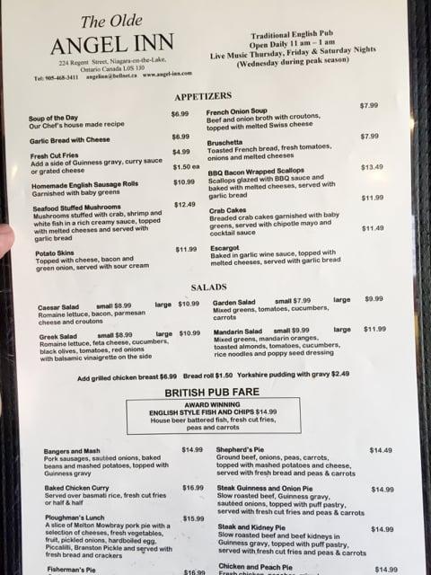 Menu at Olde Angel Inn pub & bar, Niagara-on-the-Lake