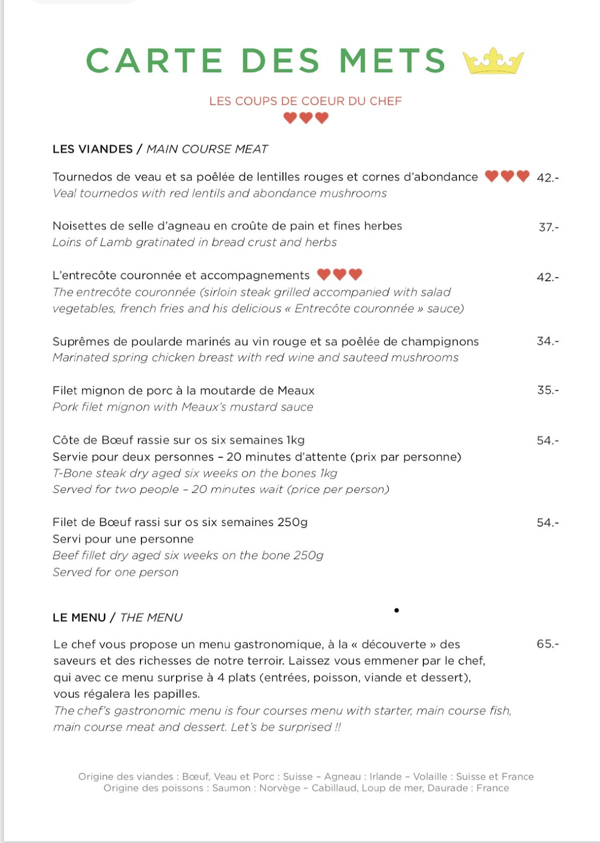 Menu au Restaurant Entrecôte Couronnée, Genève, Rue des Pâquis 5