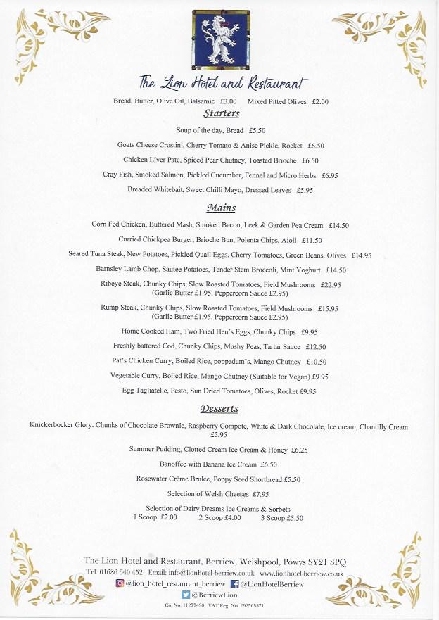 Menu at The Lion Hotel pub & bar, Welshpool