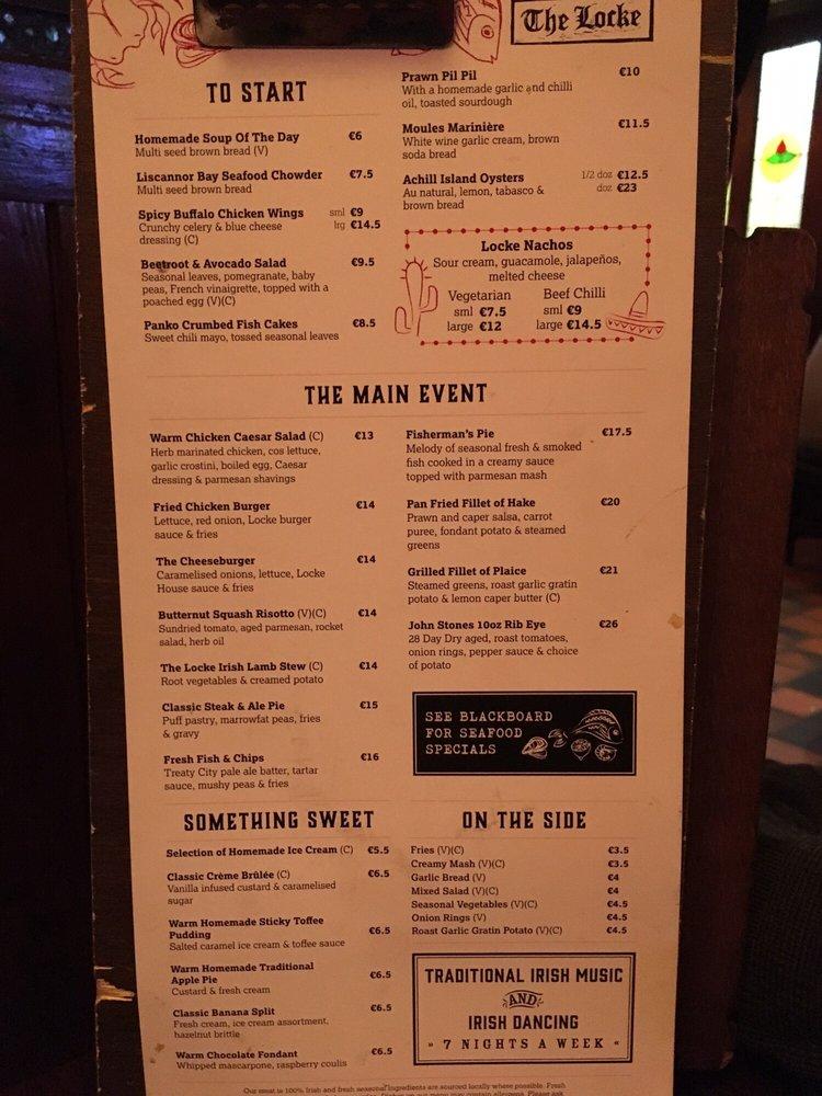 Menu at The Locke Bar, Limerick