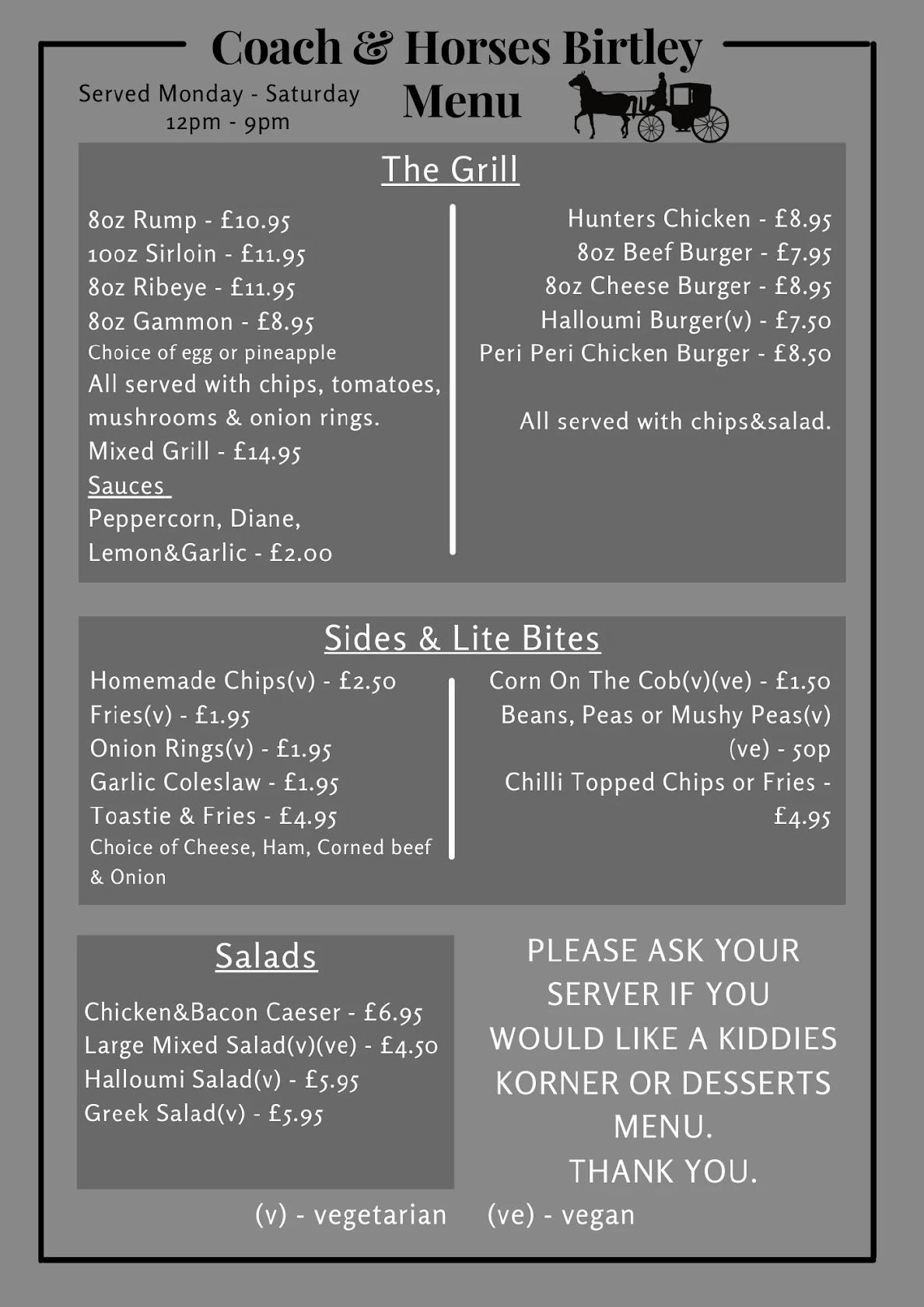 Menu at Coach and Horses pub & bar, Birtley, Coach and horses
