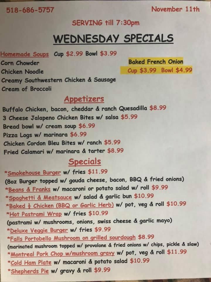 Menu at Fall's Diner restaurant, Hoosick Falls