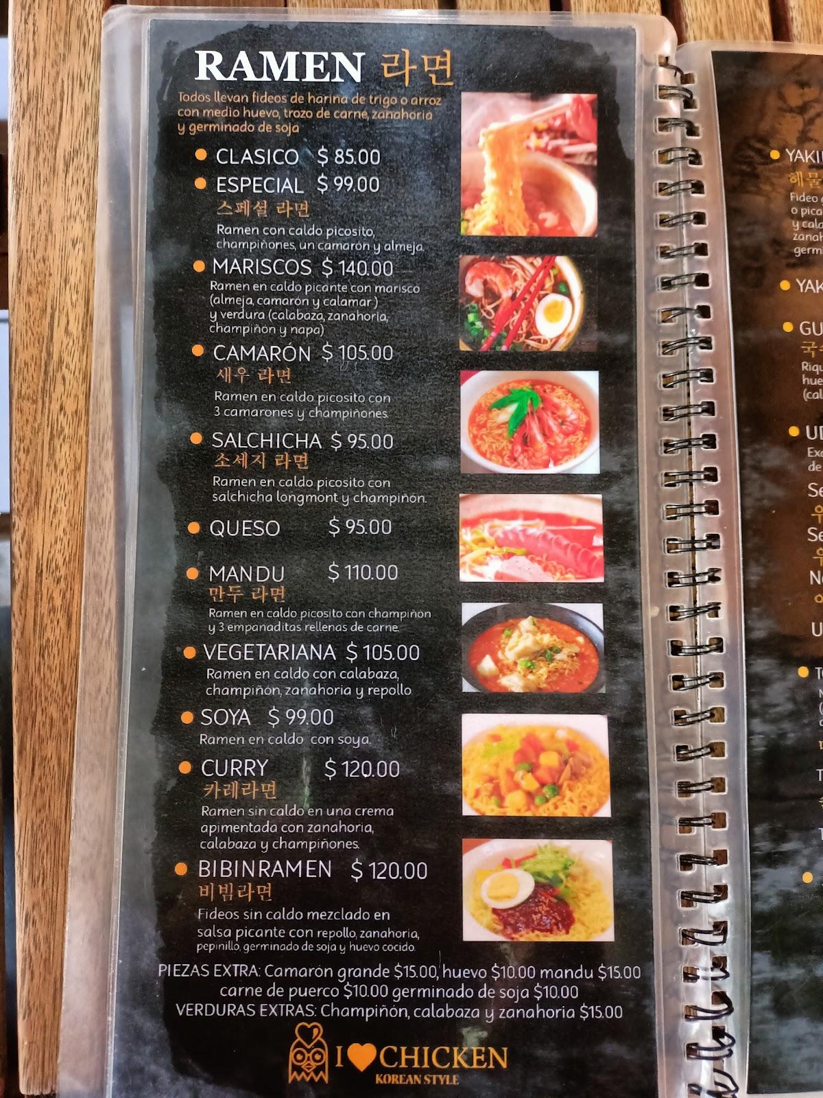 Carta del restaurante I Love Chicken, Ensenada