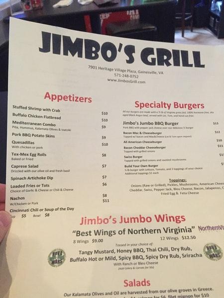 Menu at Jimbo's Grill pub & bar, Gainesville