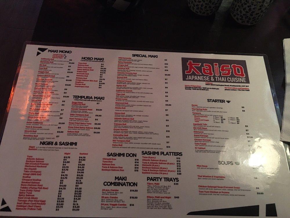 Carta del restaurante Kaiso Japanese and Thai Cuisine, West Kelowna