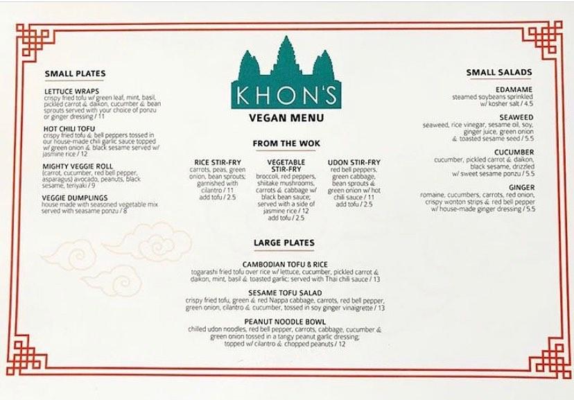 Menu at Khon's on Palafox restaurant, Pensacola