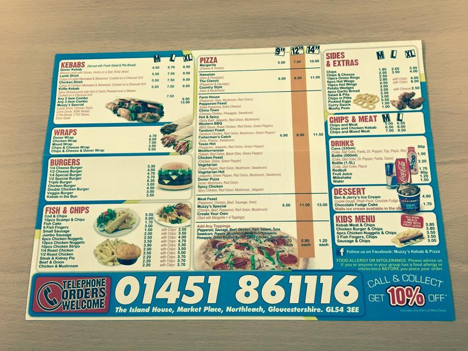 Menu at Muzzys Kebab & Pizza fast food, Bourton-on-the-Water