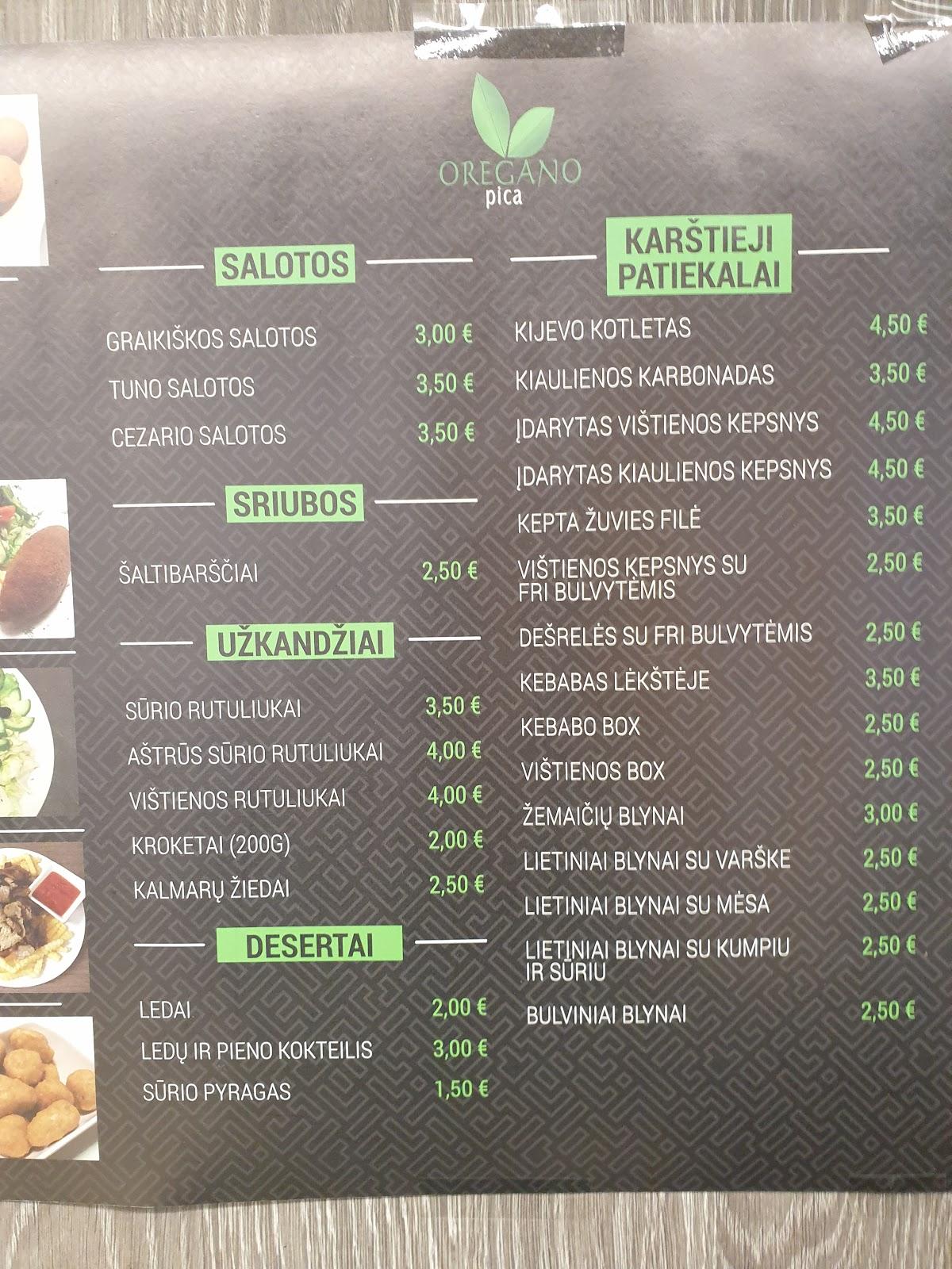 Carta del restaurante Oregano pica, Lentvaris
