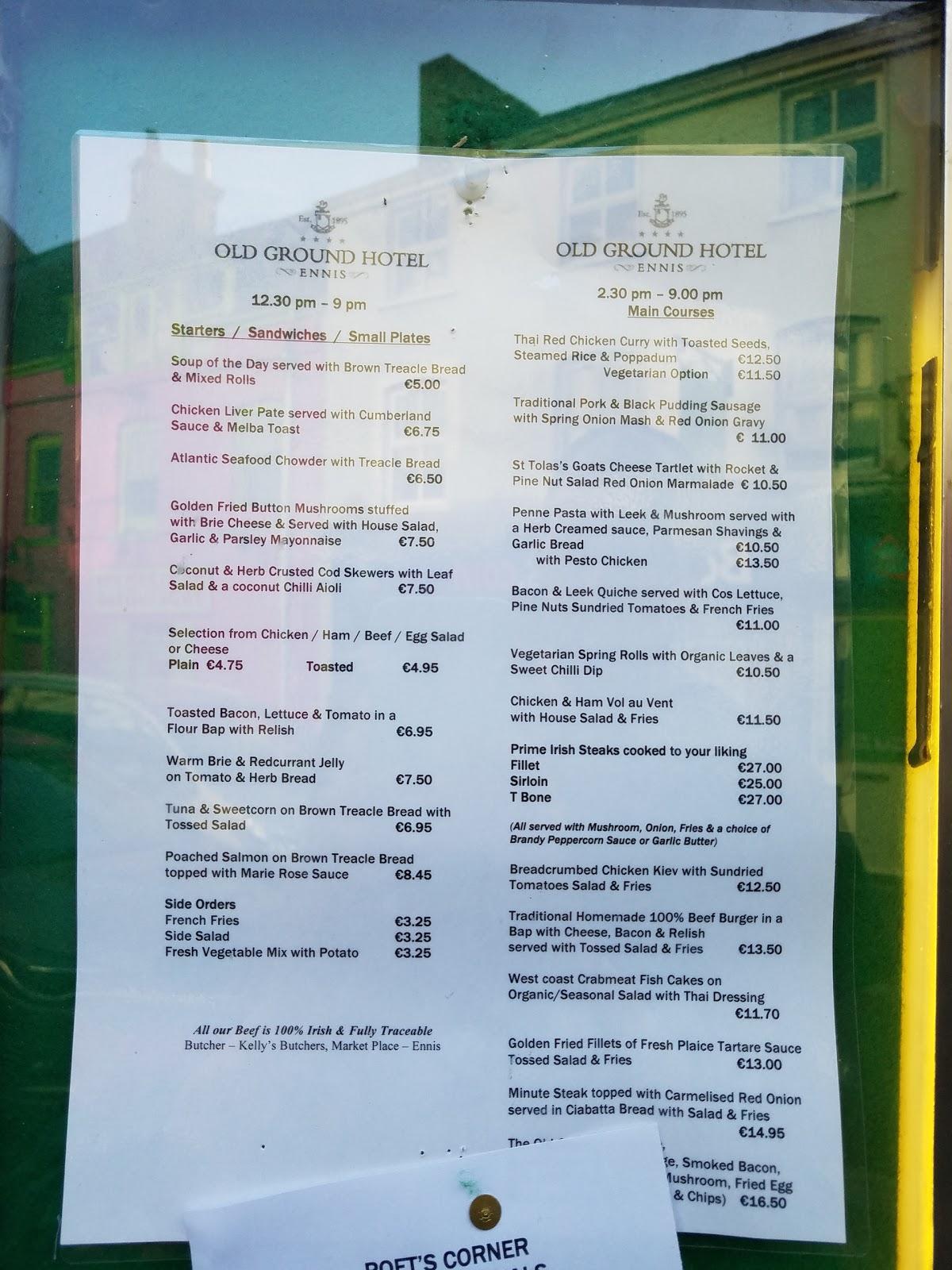 Menu at Poet's Corner Bar, Ennis