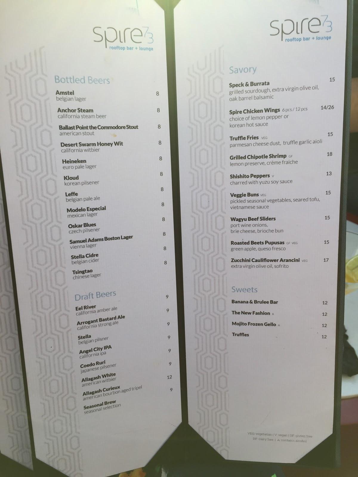 Menu at Spire 73 pub & bar, Los Angeles