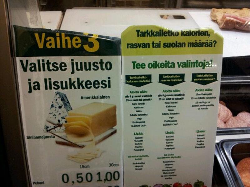 Menu at Subway fast food, Helsinki, Kampinkuja 2