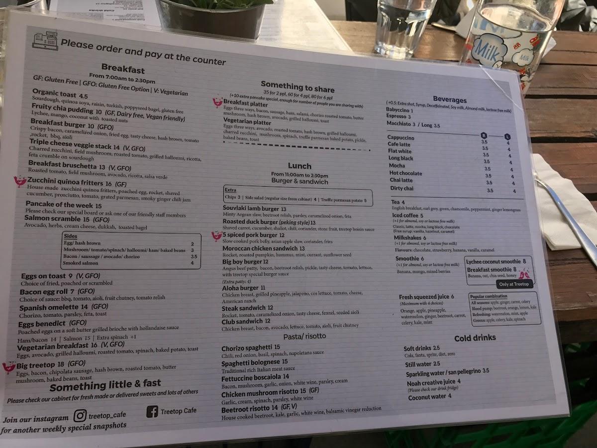 Menu at Treetop Cafe, Zetland