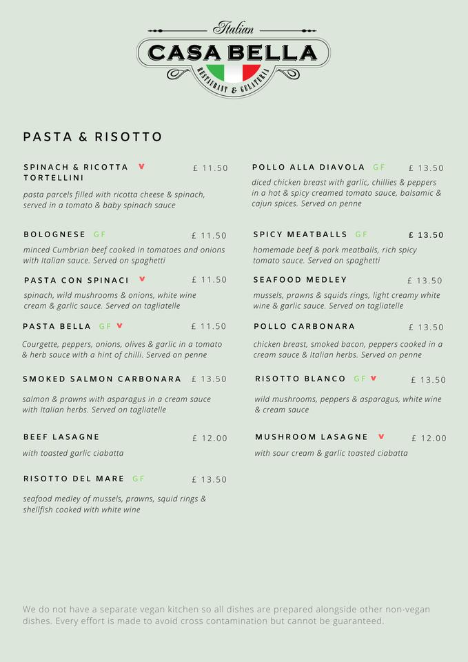 Menu at Casa Bella restaurant, Keswick