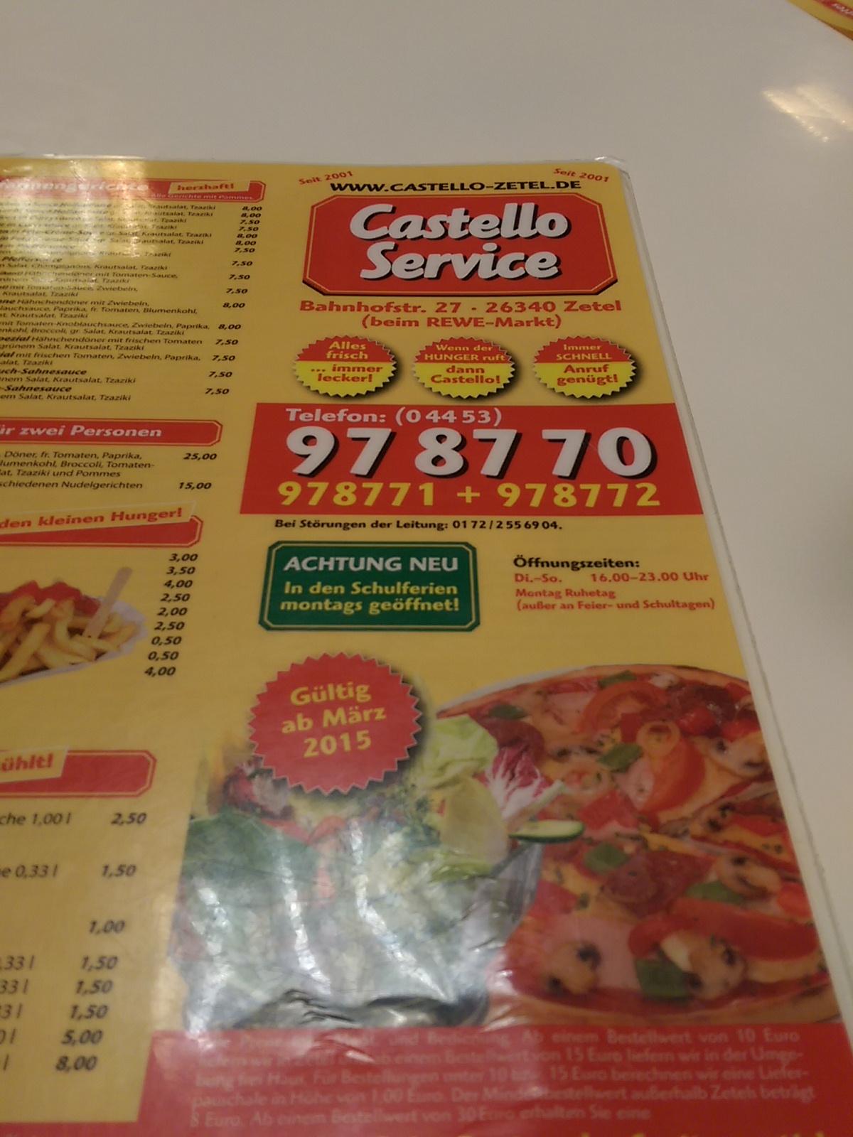 Menu at Castello Service restaurant, Zetel, Bahnhofstraße 27