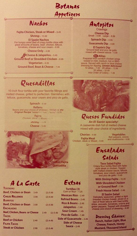 Menu at El Sazon Mexicano Restaurant, Alcoa