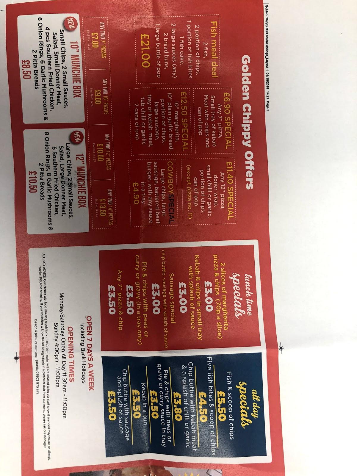Menu at Golden Chippy restaurant, Wallsend, 18 Coast Rd