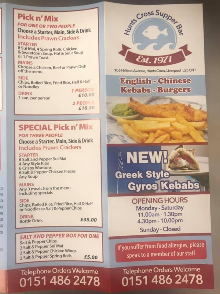 Menu at Hunts Cross Supper Bar, Liverpool