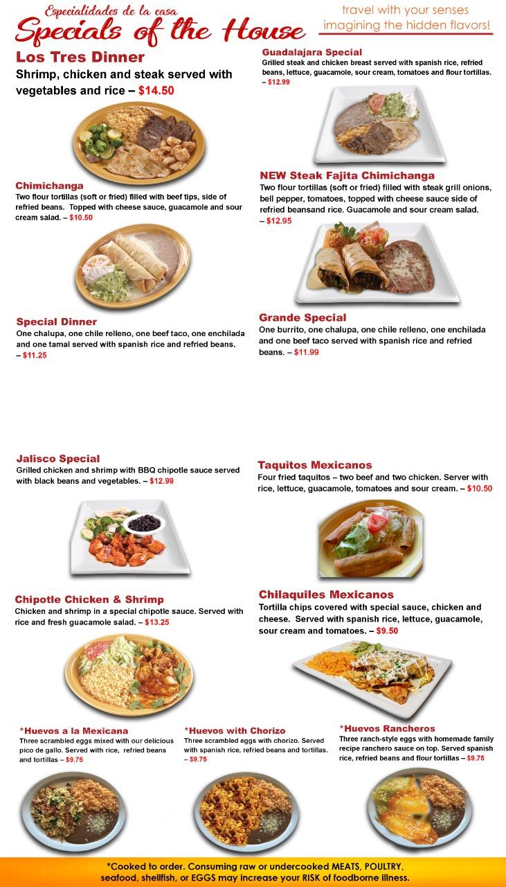 Menu at Los Tres Mexican Restaurant, Cary