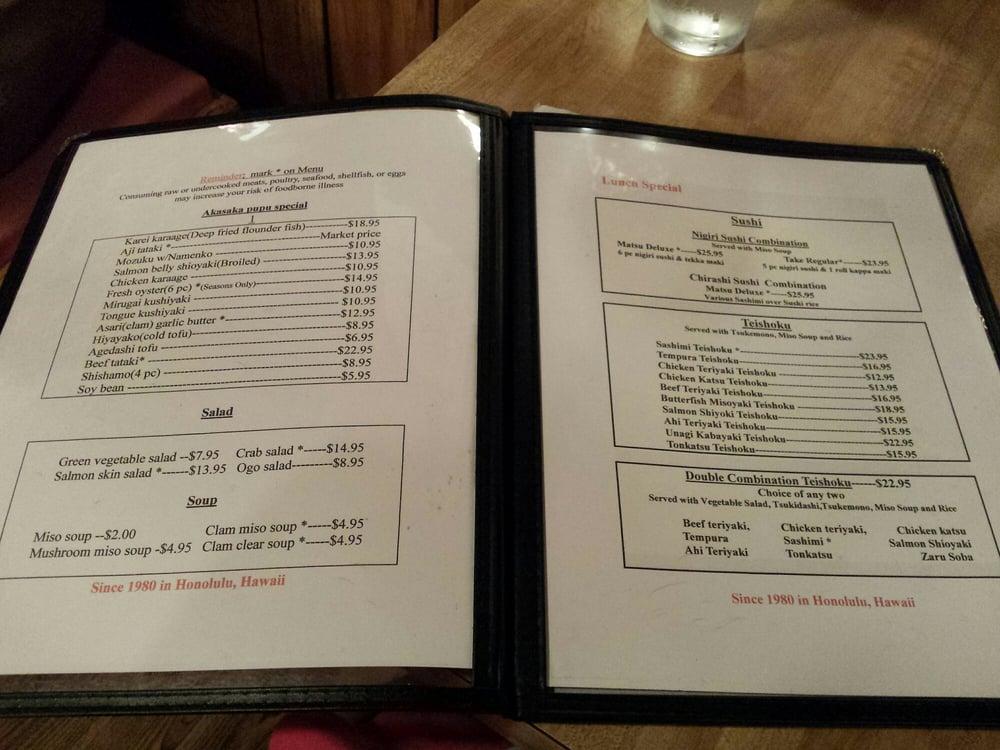Menu at Akasaka restaurant, Honolulu