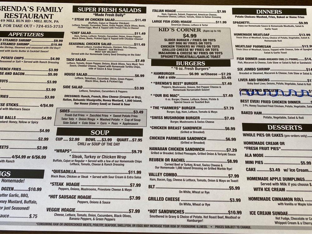 Menu at Brenda's Family Restaurant, Mill Run