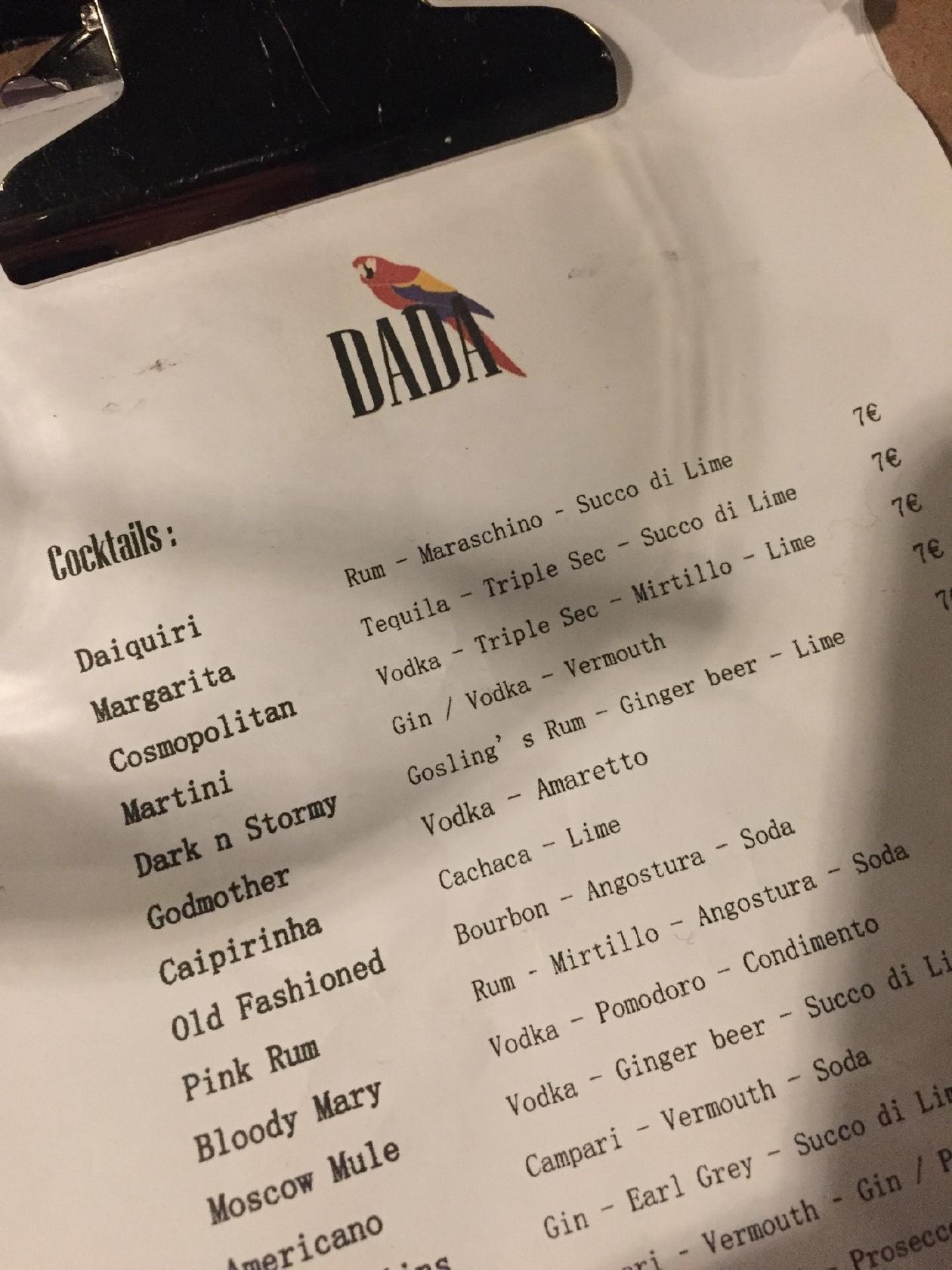 Menu at DADA Bar, Milan