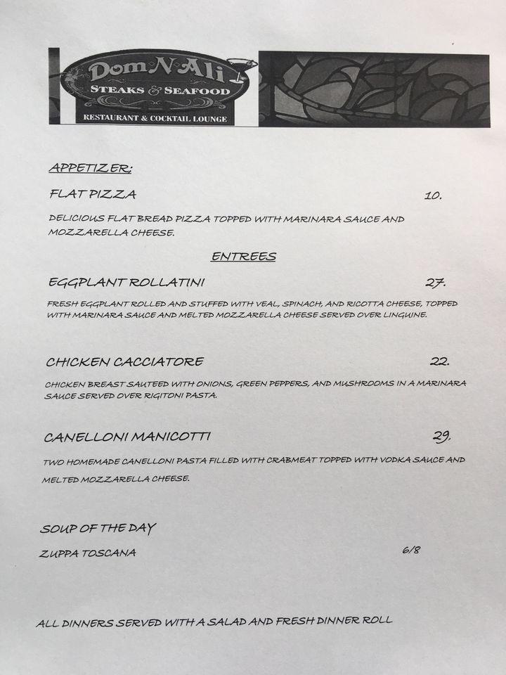 Menu at Dom N Ali steakhouse, Jim Thorpe