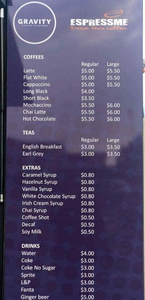 Carta del café Espressme, Auckland